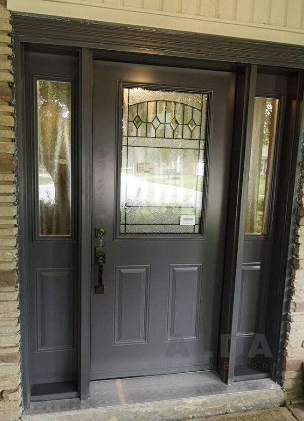 Grey Front Door with 1/2 Glass Insert And Sidelights | Steel Door