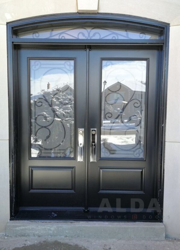 Black Entry Door with Matching Arched Transom | Black Steel Door