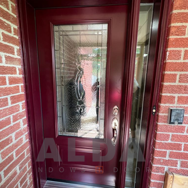 Single Burgundy Entry Door with Single Sidelight Installation in Rosedale